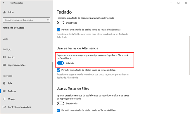 Como ativar o alerta de Caps Lock ligado no Windows 10